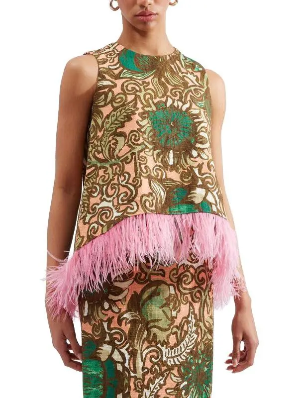 La DoubleJ La Scala Sleeveless Top With Feathers - Anemone Pink Olive