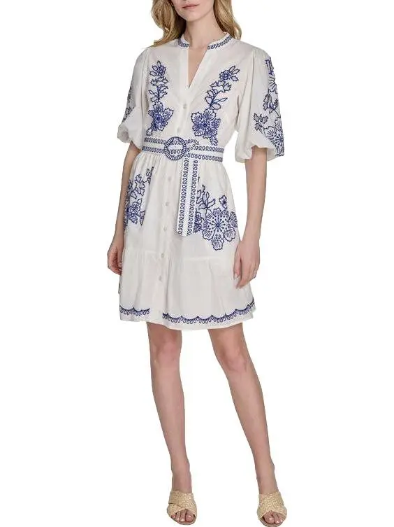 Eliza J Embroidered Puff Sleeve Cotton Shirtdress - Iye