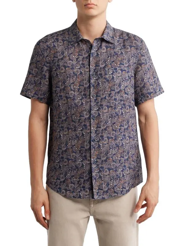 Nordstrom Floral Paisley Short Sleeve Linen Button-up Shirt - Navy Jasmine Paisley