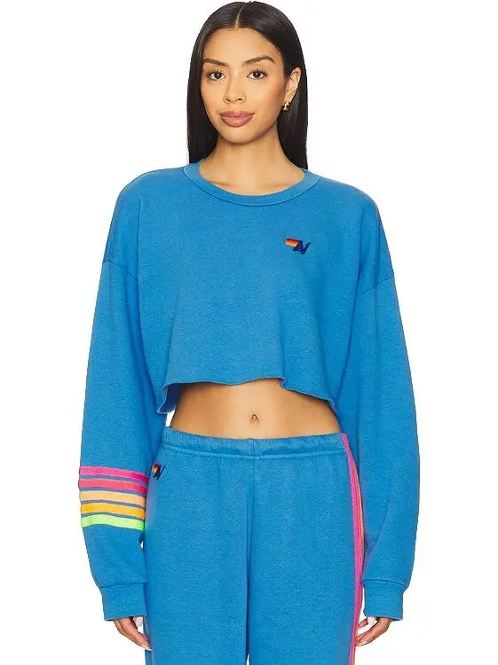 Aviator Nation Rugby Stitch Relaxed Cropped Crew Sweatshirt - Cobalt & Neon