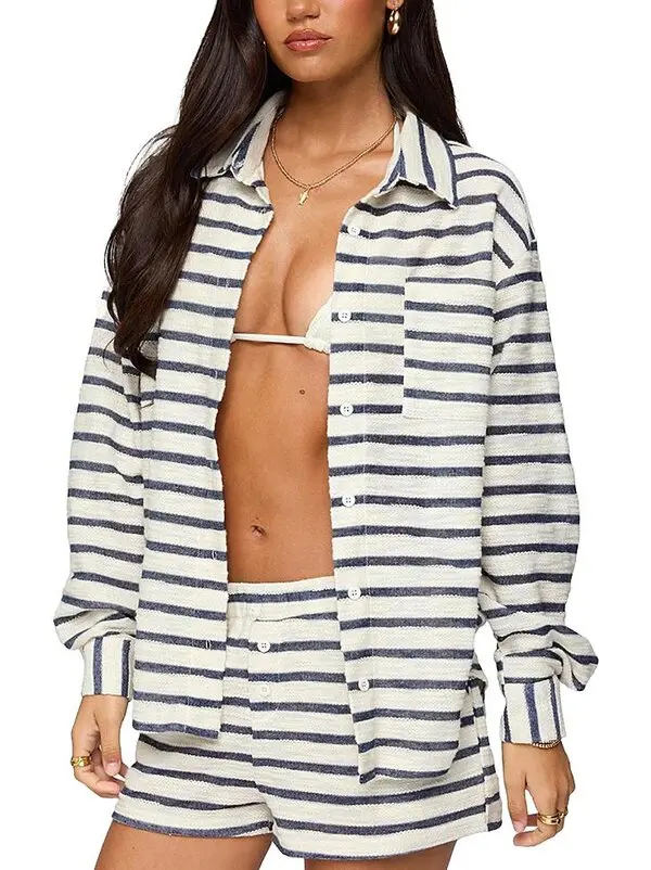 EDIKTED Collins Oversized Striped Shirt - Navy-and-cream