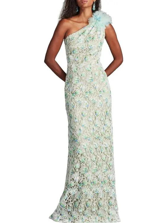 Tadashi Shoji Embroidered Lace One-shoulder Gown - White/ Aloe Green