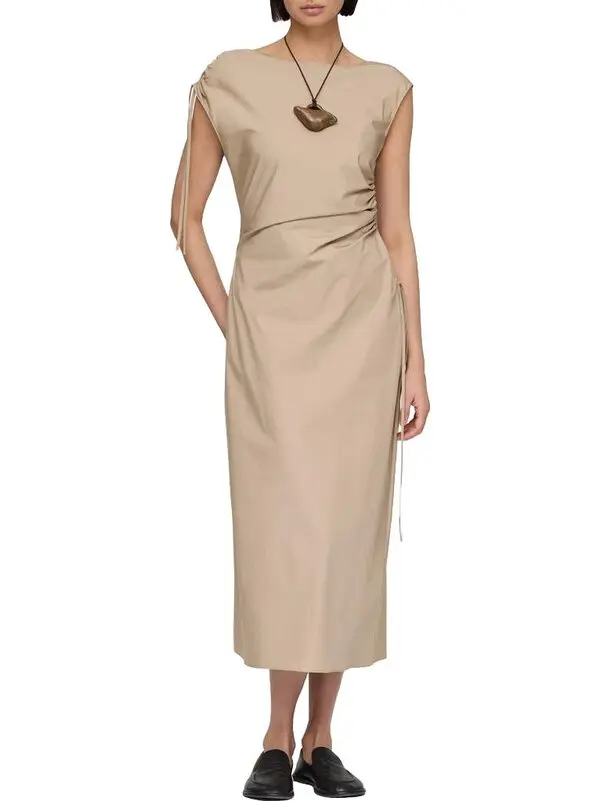 Lafayette 148 New York Gathered Organic Cotton Poplin Midi Dress - Clay