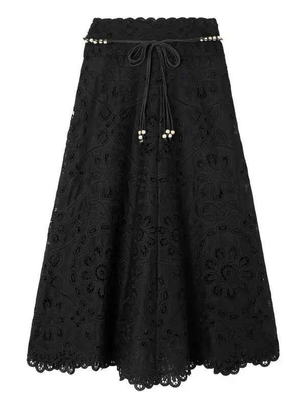 Zimmermann Rhiannon Belted Cotton-lace Midi Skirt - Black