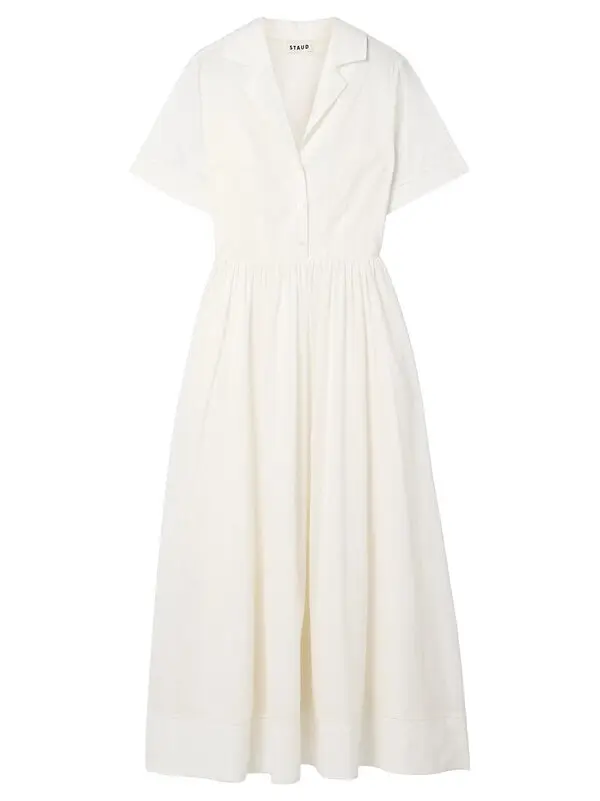 Staud Meryl Gathered Cotton-poplin Midi Shirt Dress - White