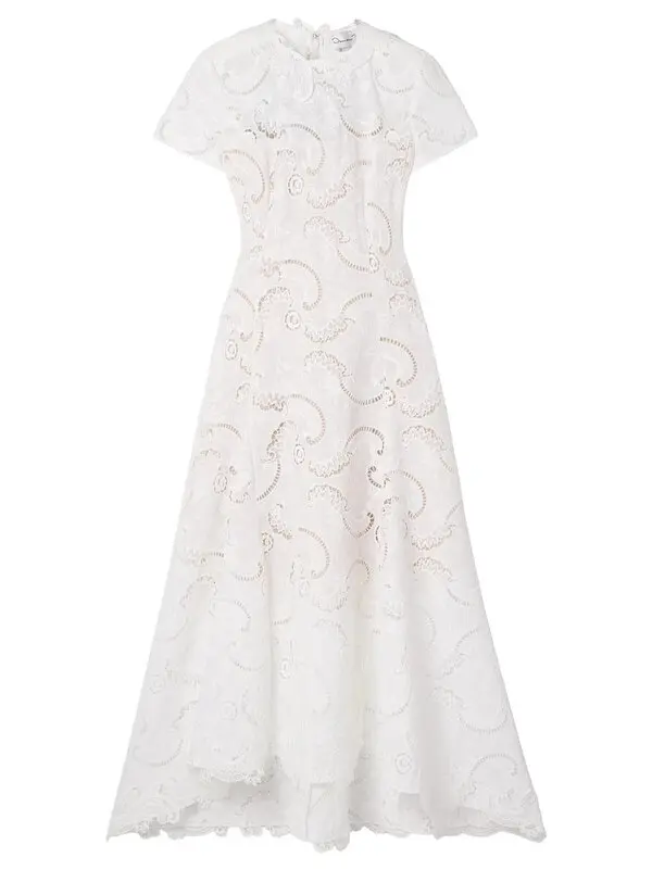 Oscar De La Renta Scroll Asymmetric Guipure Lace Midi Dress - White