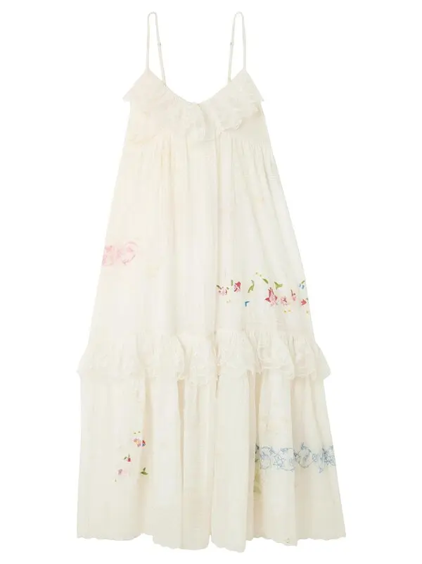 EKA Teek Tiered Ruffled Embroidered Cotton And Silk-blend Voile Midi Dress - Ecru