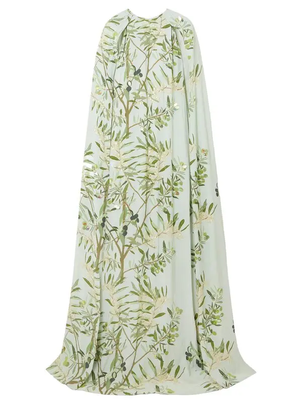 Bernadette Minnie Cape-effect Embellished Floral-print Gown - Green