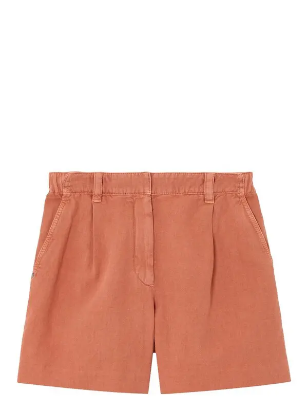 Brunello Cucinelli Bead-embellished Pleated Cotton And Linen-blend Twill Shorts - Orange