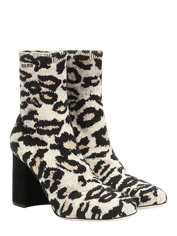 Miu Miu Leopard-print Jacquard Ankle Boots - Beige