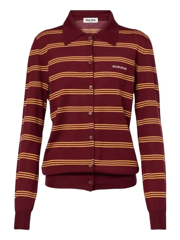 Miu Miu Striped Cashmere And Silk Cardigan - Burgundy