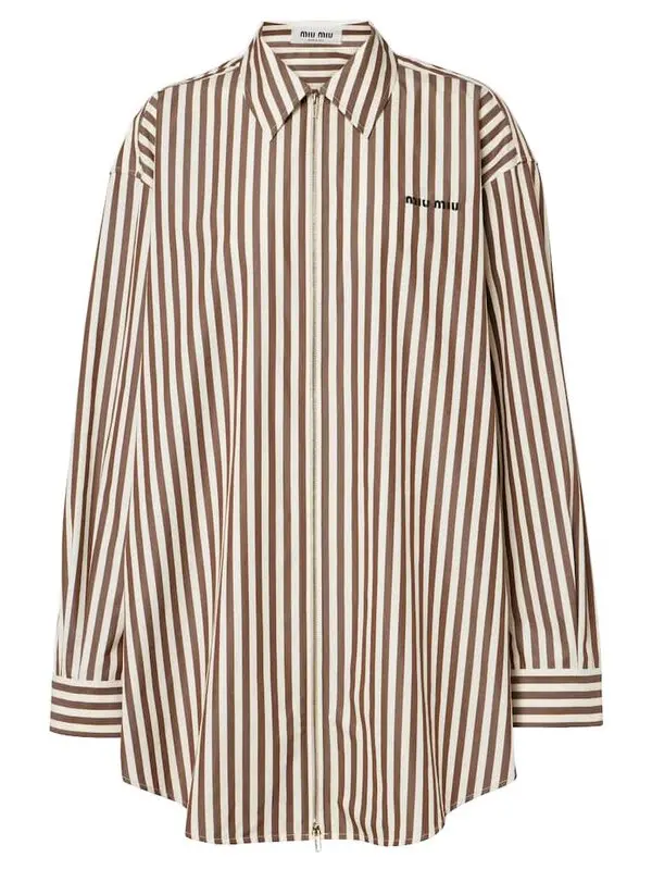 Miu Miu Zip-up Striped Cotton Poplin Shirt Dress - Brown