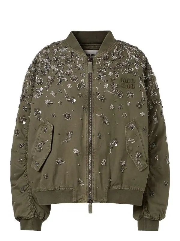 Miu Miu Sequined Cotton Gabardine Bomber Jacket - Green