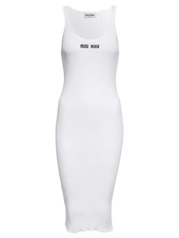 Miu Miu Logo Cotton Jersey Midi Dress - White
