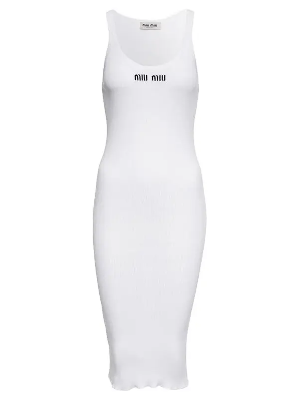 Miu Miu Logo Cotton Jersey Midi Dress - White