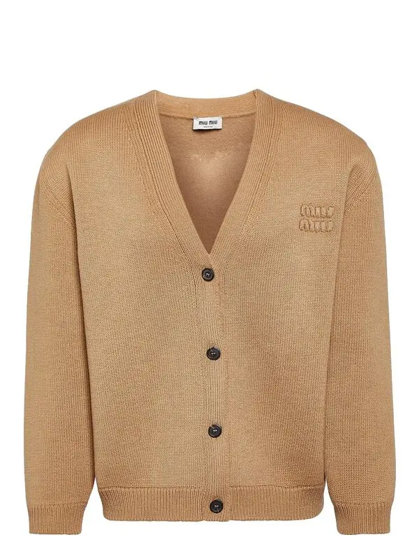 Miu Miu Logo Wool-blend Cardigan - Beige