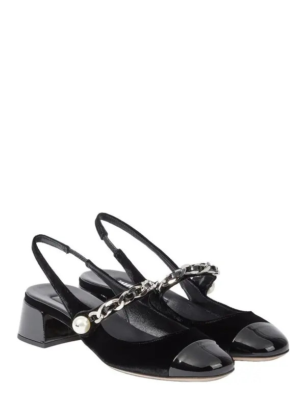 Miu Miu Chain-detail Velvet Slingback Pumps - Black