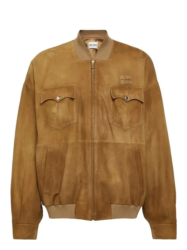 Miu Miu Logo Suede Bomber Jacket - Brown