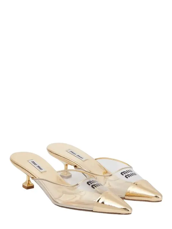 Miu Miu Logo Leather And Pvc Mules - Gold