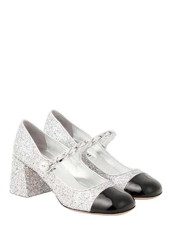 Miu Miu Glitter Mary Jane Pumps - Silver