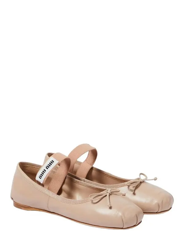 Miu Miu Logo Leather Ballet Flats - Beige