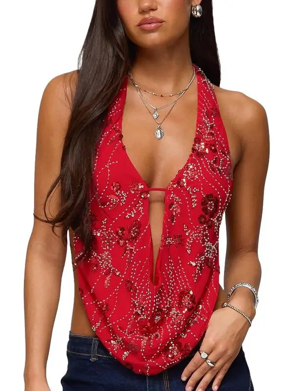 EDIKTED Beaded Chiffon Backless Cowl Neck Top - Red