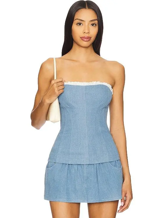 LOVERS AND FRIENDS Charlette Top Strapless Denim Bustier With Eyelet Trim - Blue