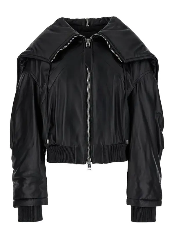 Attico Leather Bomber Jacket With Zipped Hood - Black