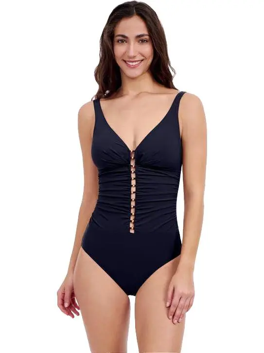 GOTTEX Tutti Frutti D-cup V-neck Gold Beaded One-piece - Black