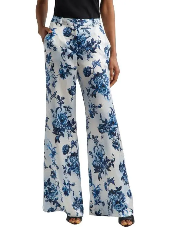 L'Agence Pilar Rose Print Wide Leg Pants - White/ Blue Painterly Floral