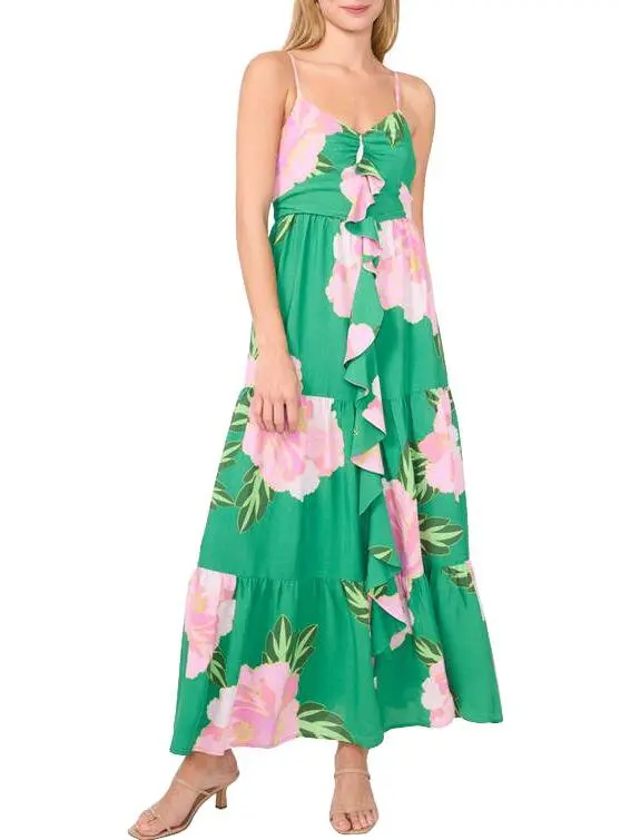 CECE DUPRAZ Floral Ruffle Maxi Sundress - Medium Green