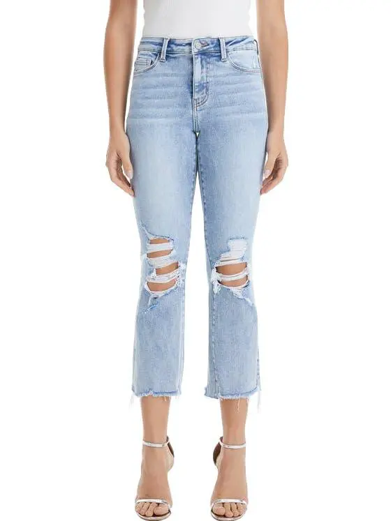 BAYEAS High Waist Distressed Crop Flare Jeans - Light Blue