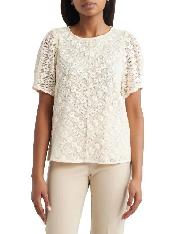 Anne Klein Bedford Lace Puff Sleeve Cotton Top - Light Dune