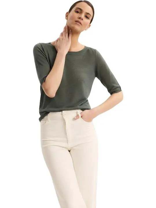 Majestic Filatures Stretch Linen Knit Three Quarter Sleeve Boatneck Shirt - Agave