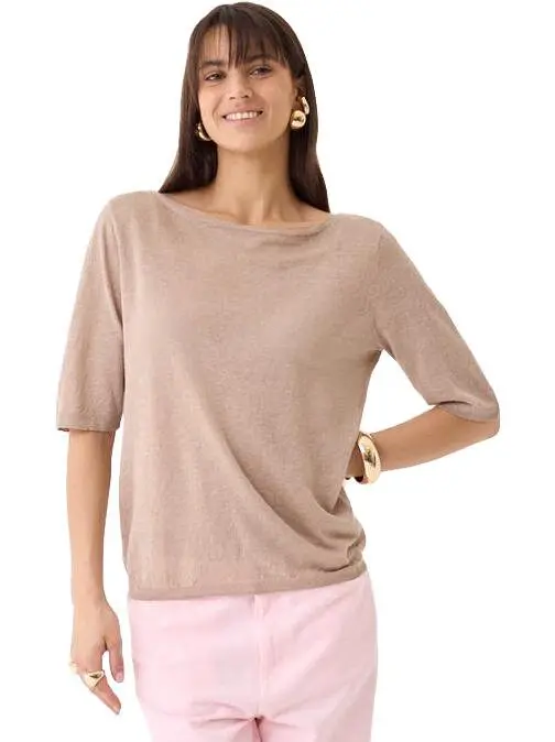 Majestic Filatures Stretch Linen Knit Three Quarter Sleeve Boatneck Shirt - Desert