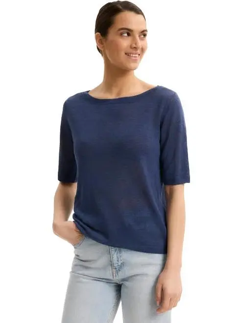 Majestic Filatures Stretch Linen Knit Three Quarter Sleeve Boatneck Shirt - Marine