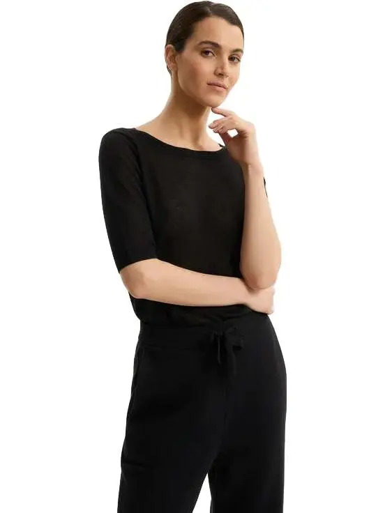 Majestic Filatures Stretch Linen Knit Three Quarter Sleeve Boatneck Shirt - Noir