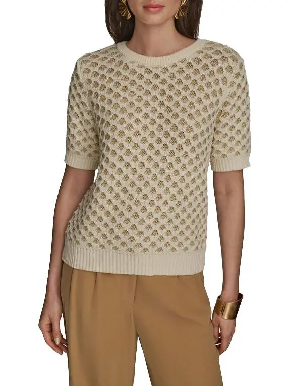 Donna Karan New York Honeycomb Short Sleeve Open Stitch Sweater - Gold/ Cream