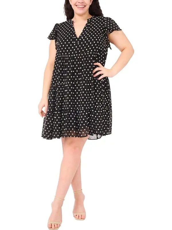 CECE DUPRAZ Floral Embroidered Flutter Sleeve Tiered Dress - Rich Black