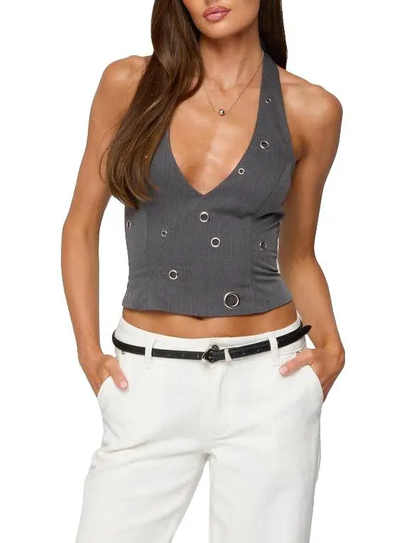 EDIKTED Sakura Grommet Halter Top - Gray