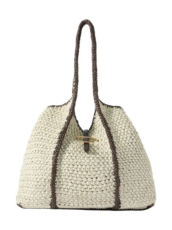 TOD'S T Timeless Leather-trimmed Crocheted Raffia Tote - Cream