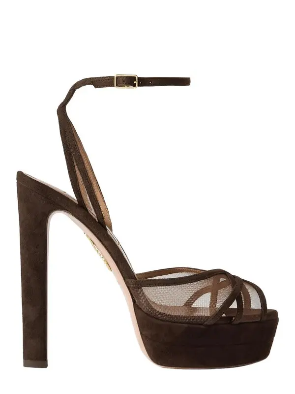AQUAZZURA Shear Plateau 130 Suede-trimmed Mesh Platform Sandals - Brown