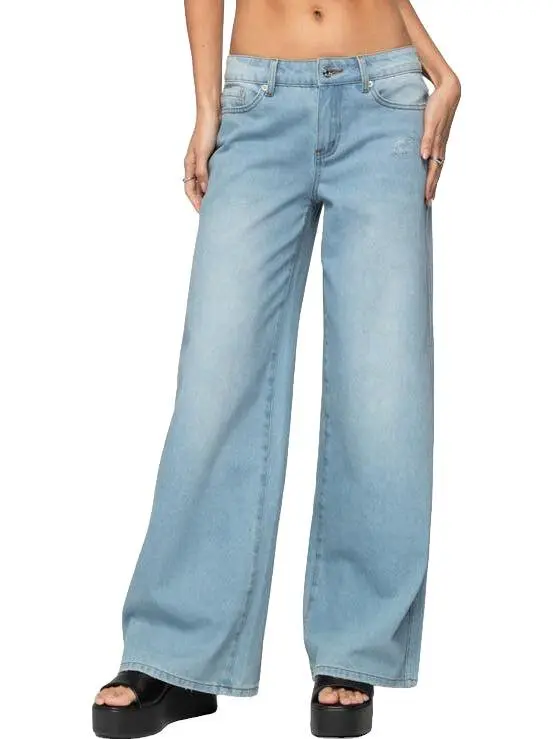 EDIKTED Ripped Low Rise Wide Leg Jeans - Blue