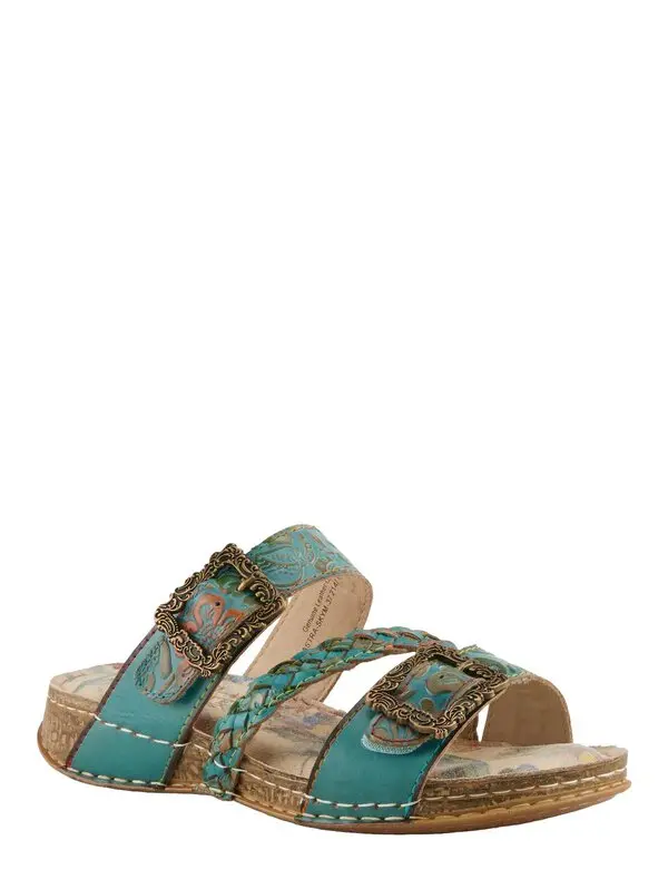 SPRING STEP SHOES Astra Floral Leather Slide Sandal - Sky Blue Multi