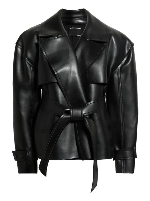 Naked Wardrobe Faux Leather Cropped Trench Coat - Black