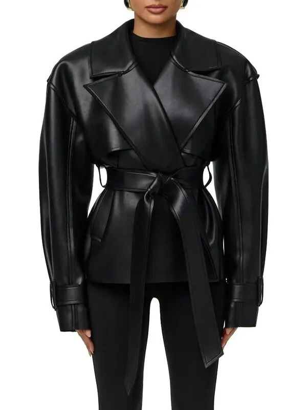 Naked Wardrobe Faux Leather Cropped Trench Coat - Black