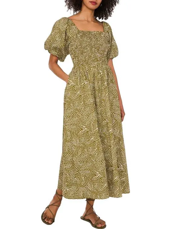 1.State Printed Puff Sleeve Maxi Dress - Avocado Green