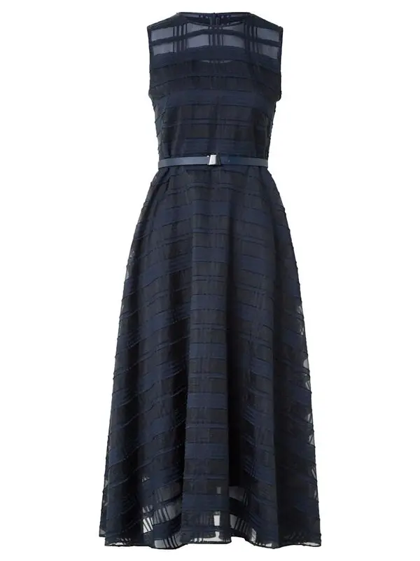 Akris Organdy Plaid Sleeveless A-line Midi Dress With Belt - Navy Blue