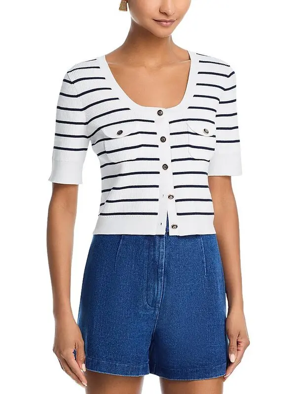 Aqua Striped Short Sleeve Cardigan - White/navy