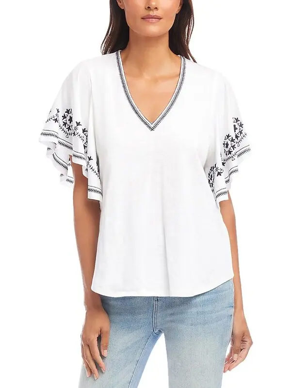 Karen Kane Embroidered Flutter Sleeve Top - Off White